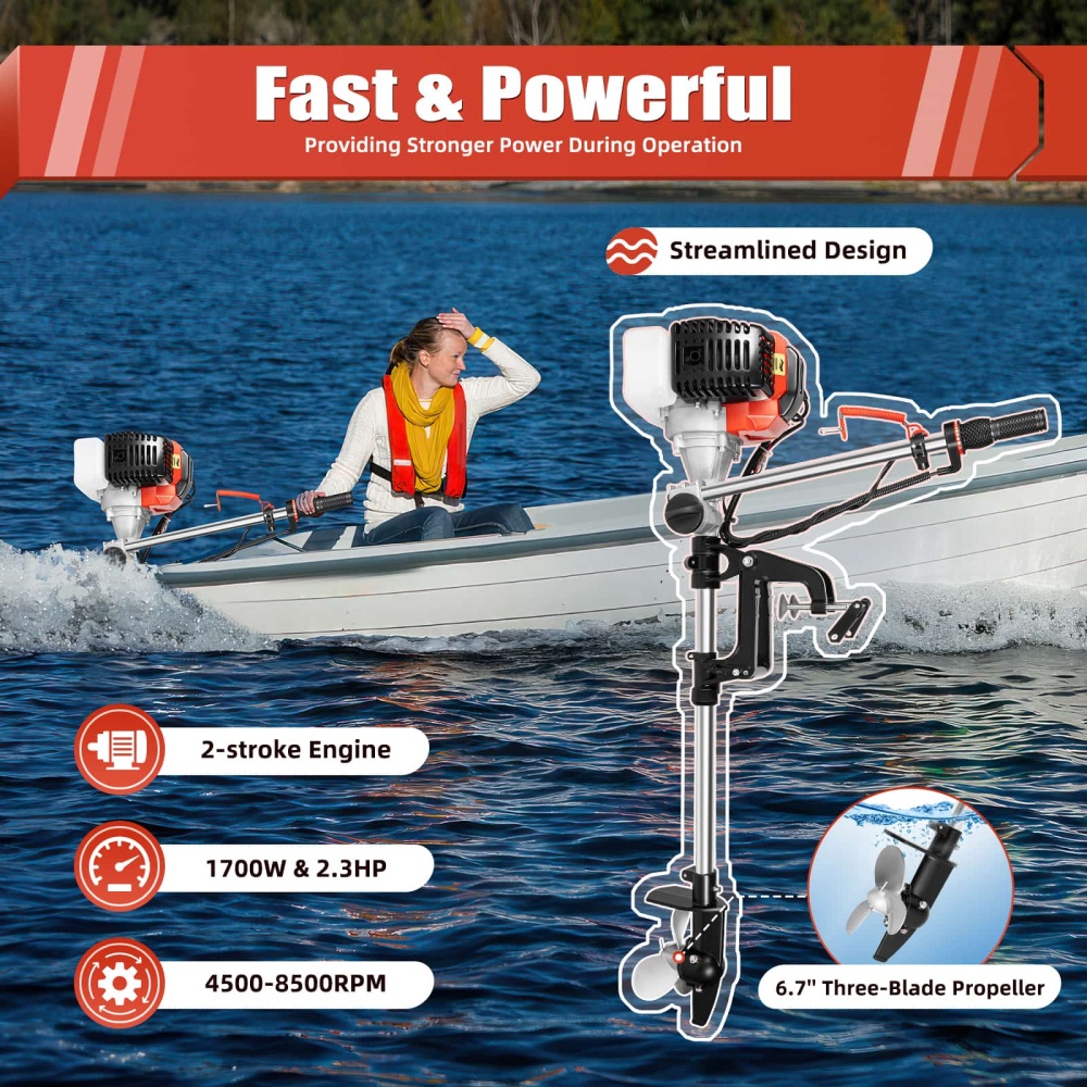 Trolling Outboard Motor,2.3HP 2-Stroke 52CC Gas-Powered Outboard Motor ...